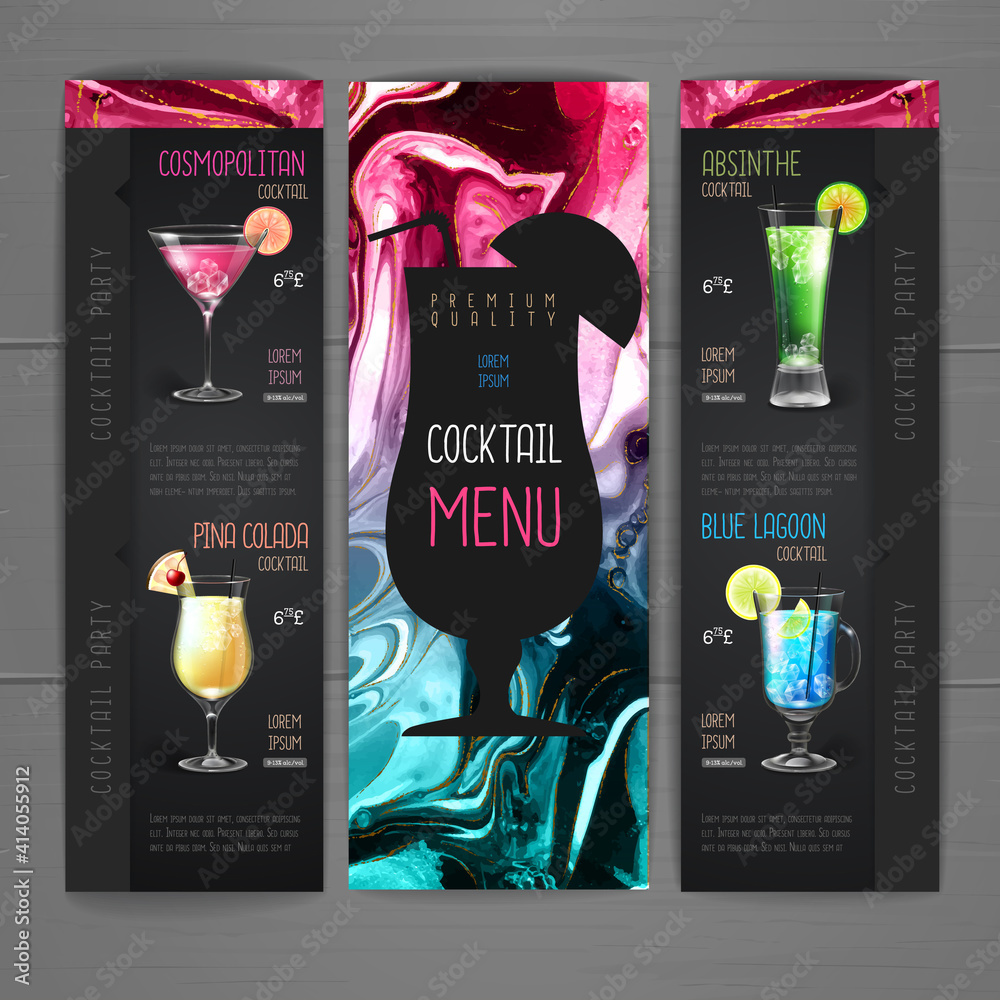 Cocktail menu design with alcohol ink texture. Marble texture ...
