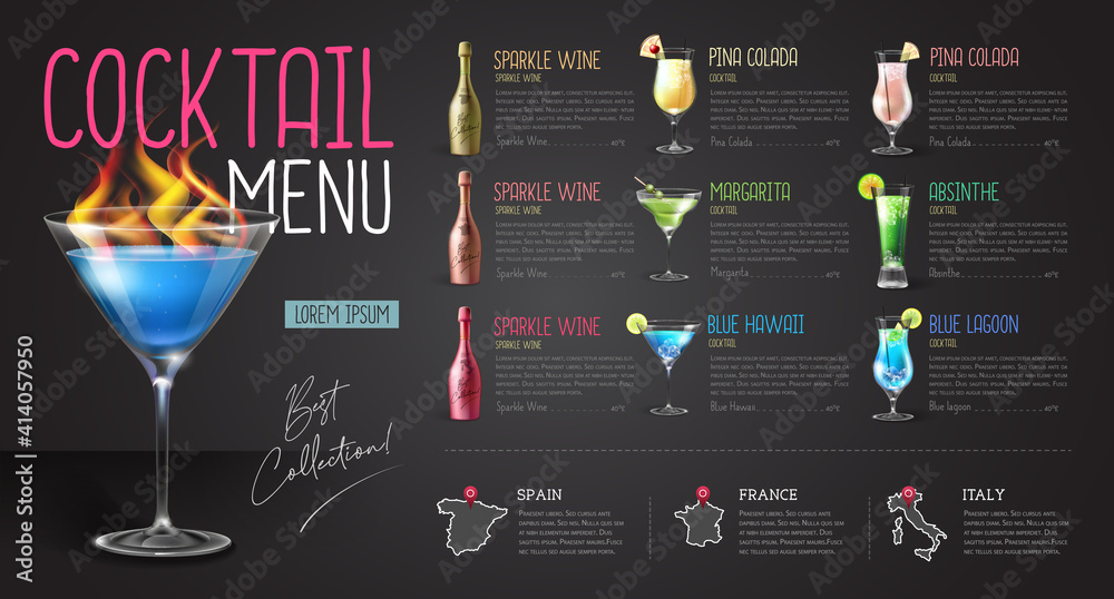Cocktail menu design with realistic cocktail glasses and bottles. Chalk ...
