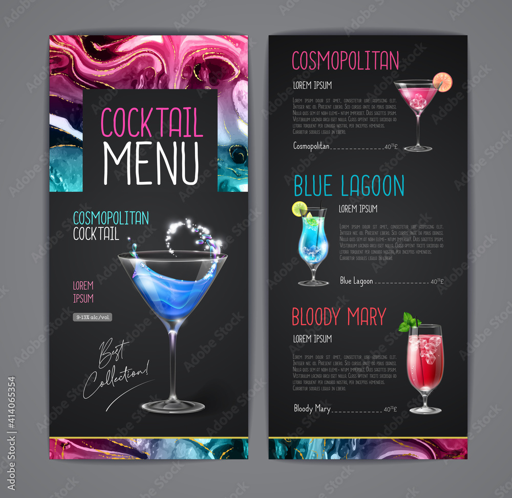 Cocktail menu design with alcohol ink texture. Marble texture ...