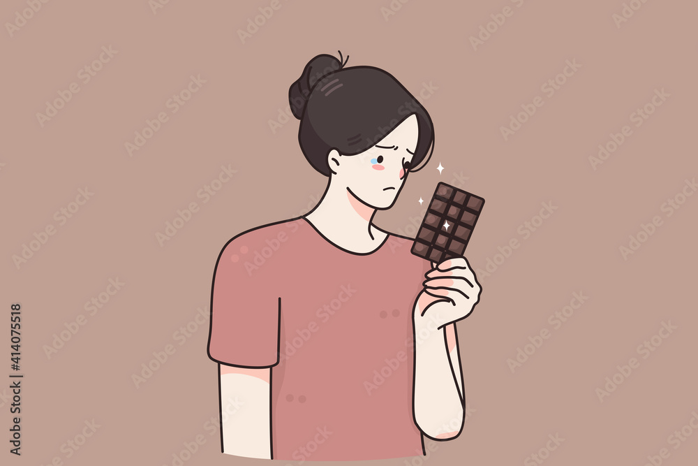 Nutrition, restrictions, diet concept. Sad unhappy young woman cartoon ...