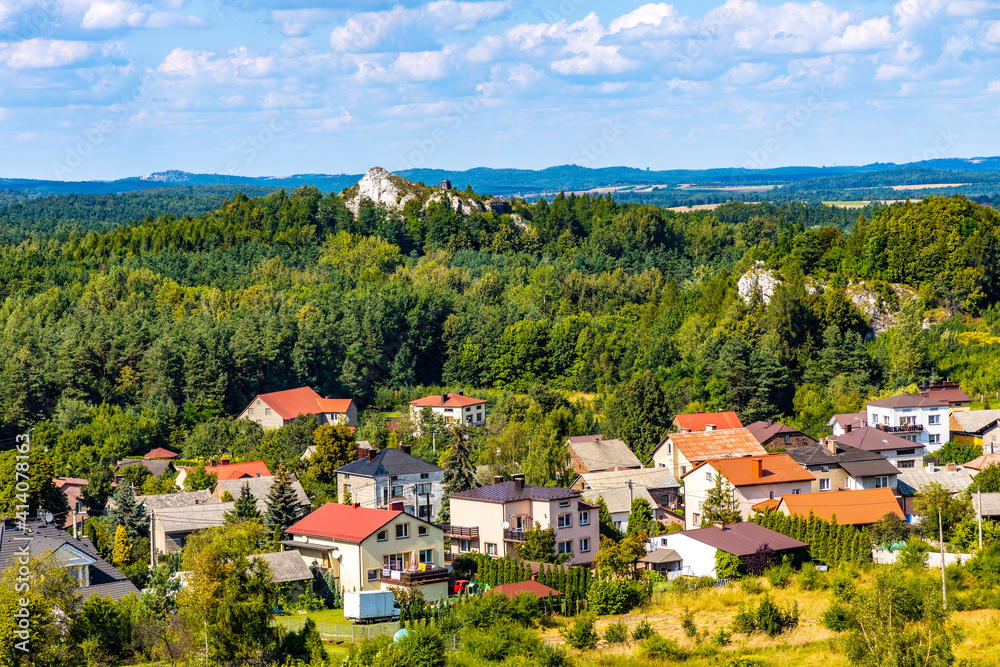 Panorama of Podzamcze and Gora Birow Mount ancient stronghold seen from ...