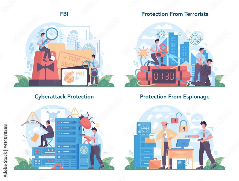 FBI agent concept set. Police officer or inspector investigating crime ...