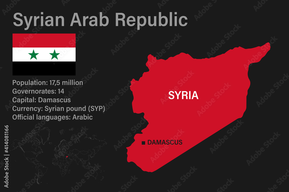 Highly detailed Syria map with flag, capital and small map of the world ...