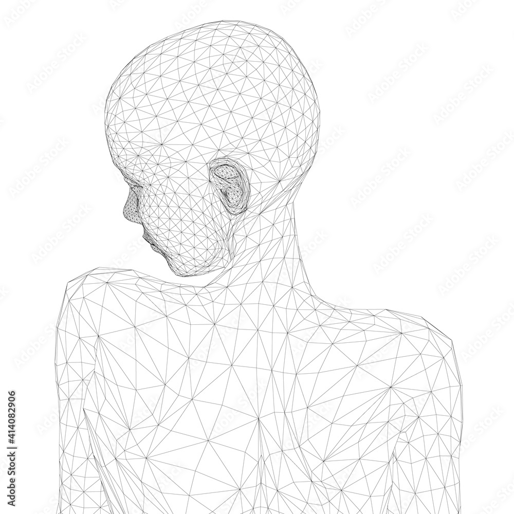 Wireframe of the girl from black lines on a white background. Back view ...