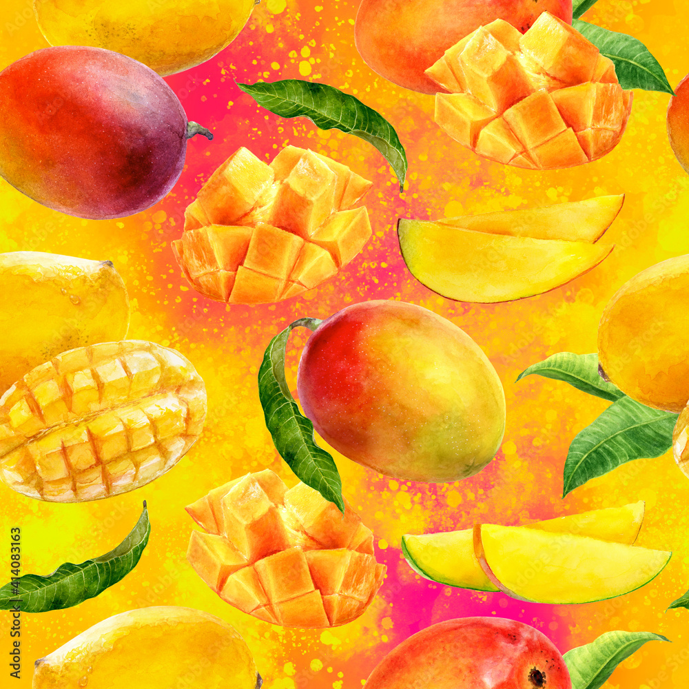 Watercolor seamless pattern mango on a color background. Stock ...