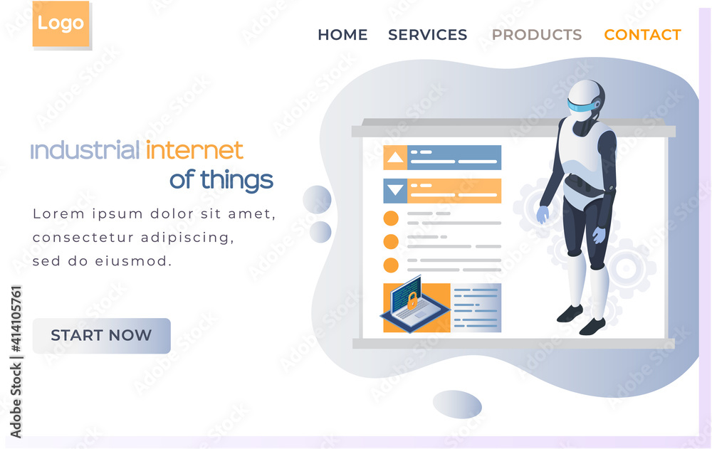 Industrial internet of things. White robot works with digital interface ...