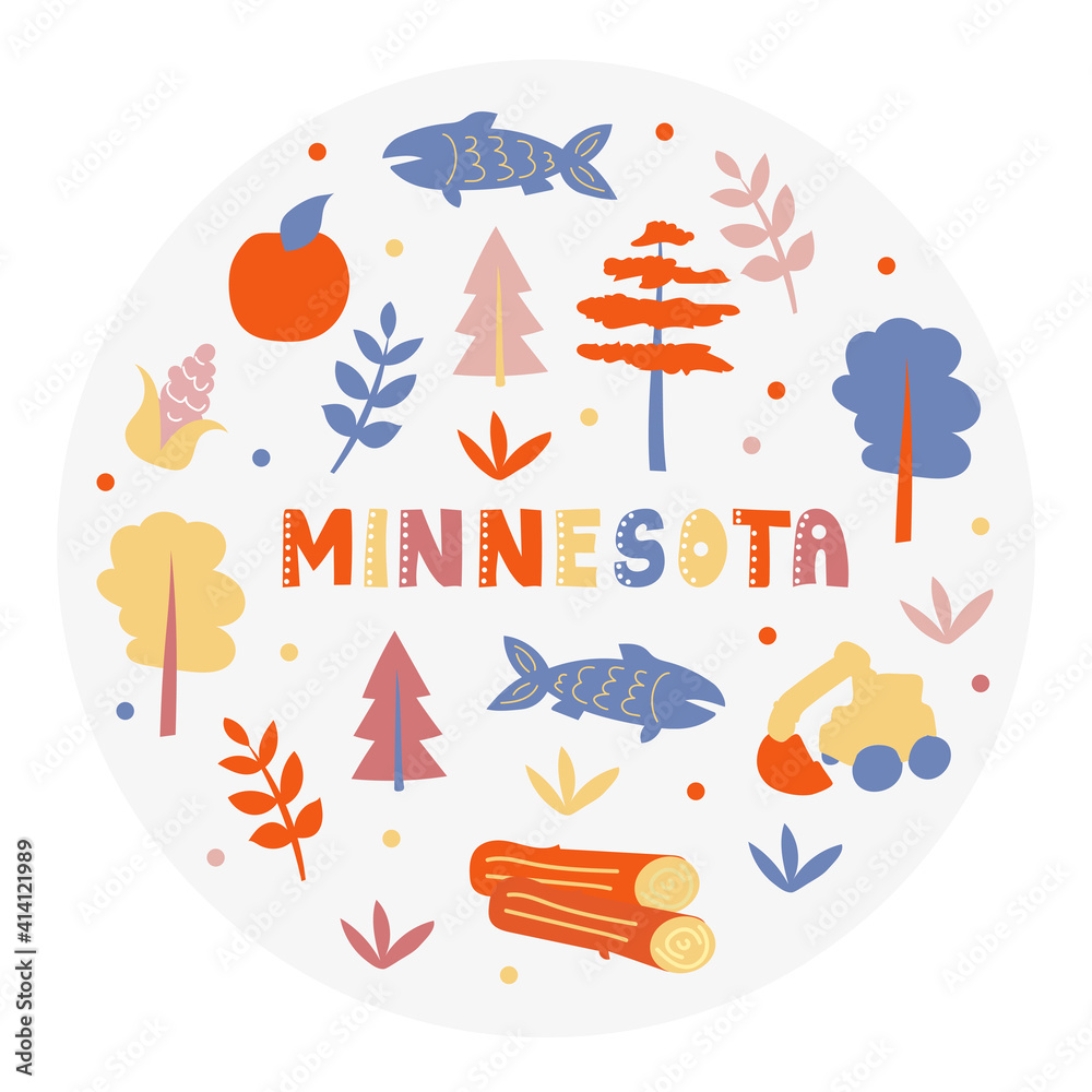 USA collection. Vector illustration of Minnesota theme. State Symbols ...