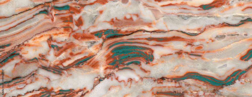 Coral red marble texture background with aqua curly veins, panoramic ...