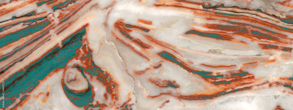 Coral red marble texture background with aqua curly veins, panoramic ...