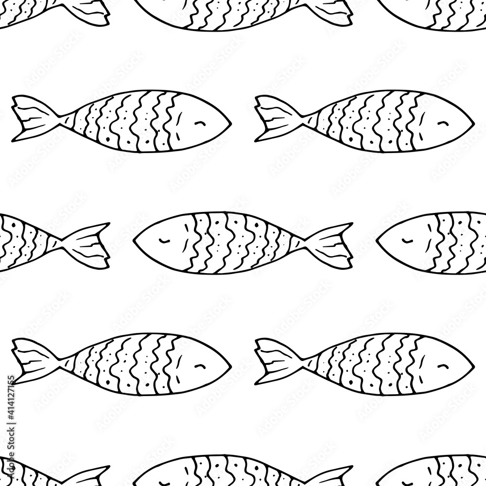Vector seamless pattern of cute doodle fish with wavy scale pattern ...