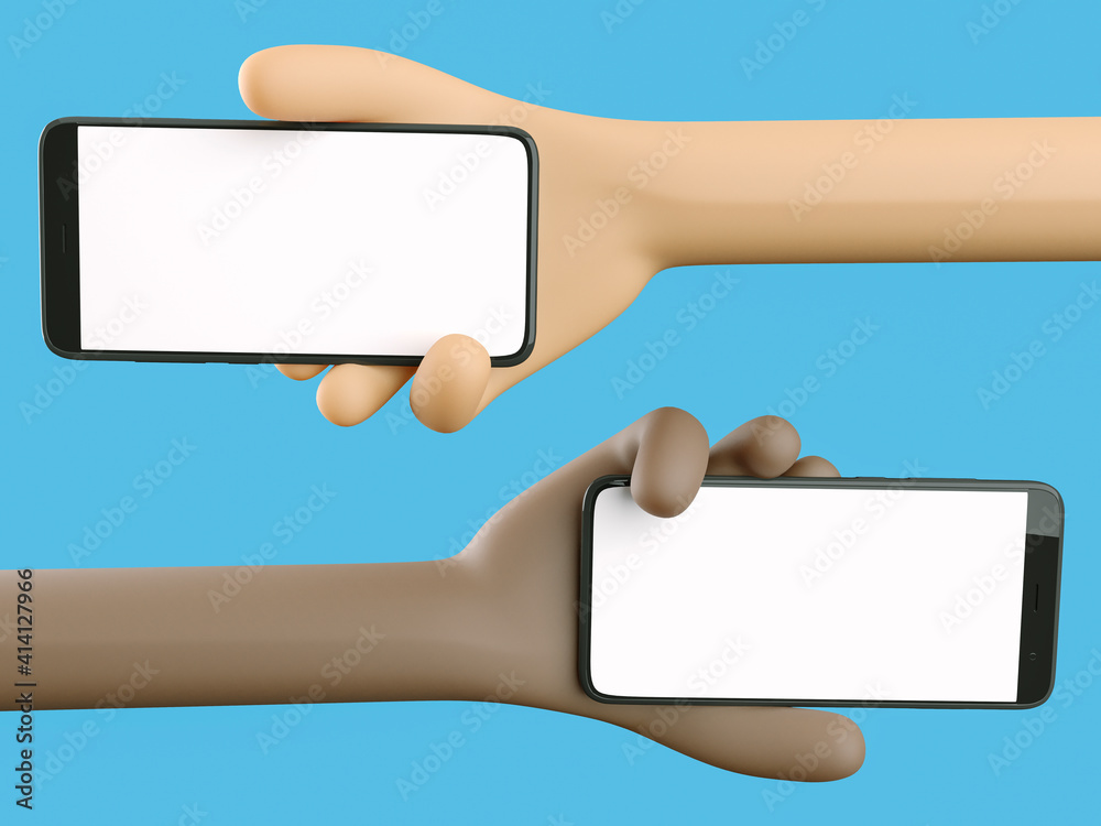Phones in hands. Blank white screen on the phone. Mockup. File transfer ...