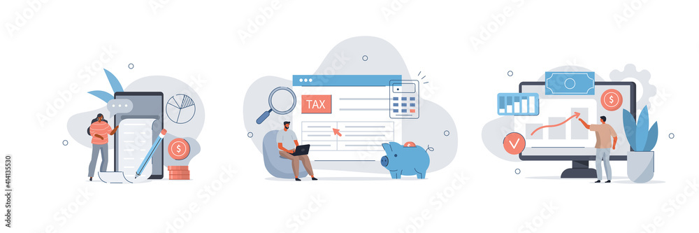 Various Finance Icons. Characters Calculating Long Bill or Invoice ...