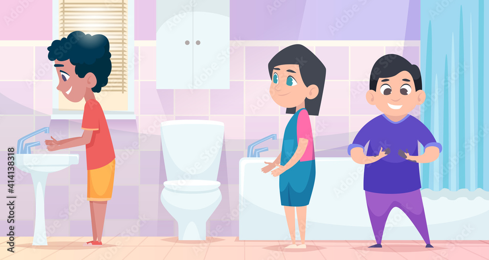 Kindergarten hygiene. Kids standing in waiting line and cleaning hands ...