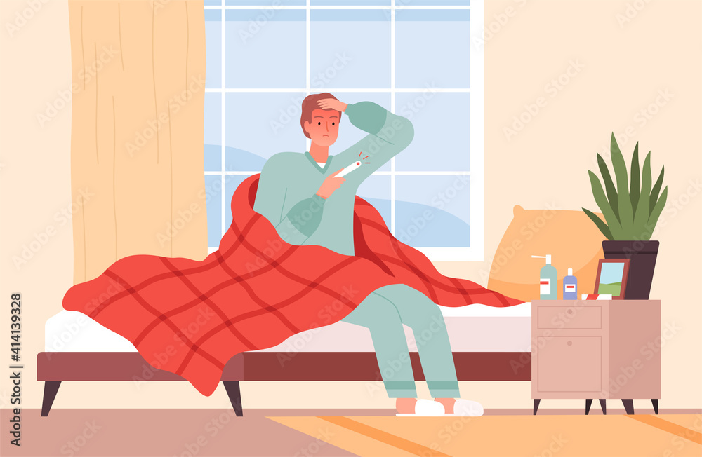 Illness character in bed. Flu viruses medical cartoon background person ...