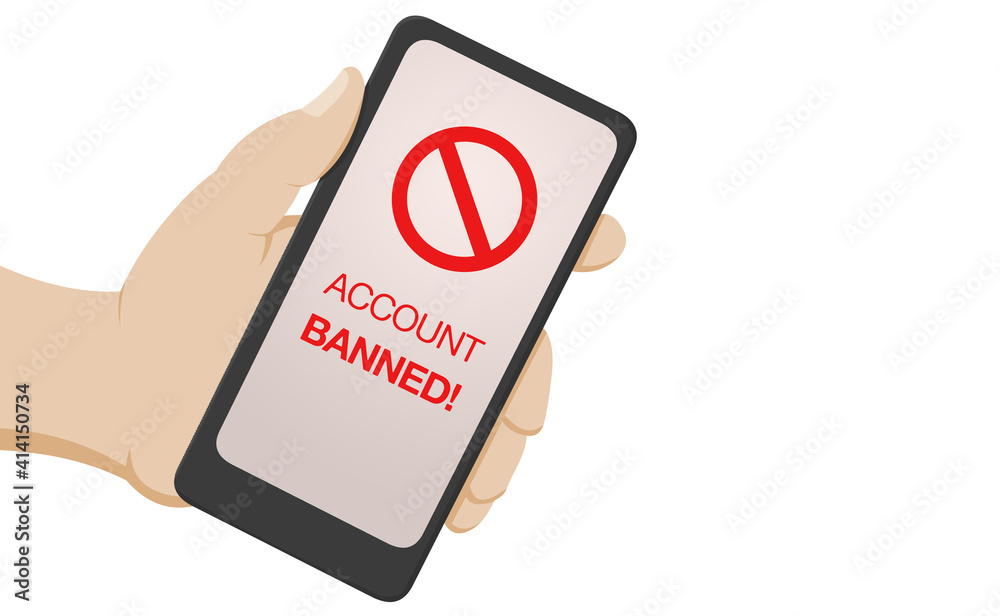 Cartoon banned account on hand held red icon isolated smartphone ...