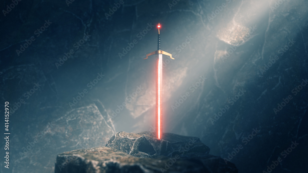 sword in the stone with light rays and dust specs in a dark cave Stock ...