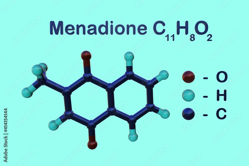 Structural chemical formula and molecular model of menadione, a fat ...