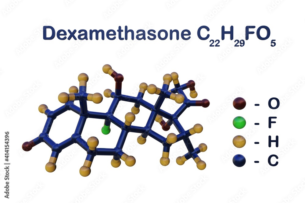 Structural chemical formula and molecular model of betamethasone, a ...