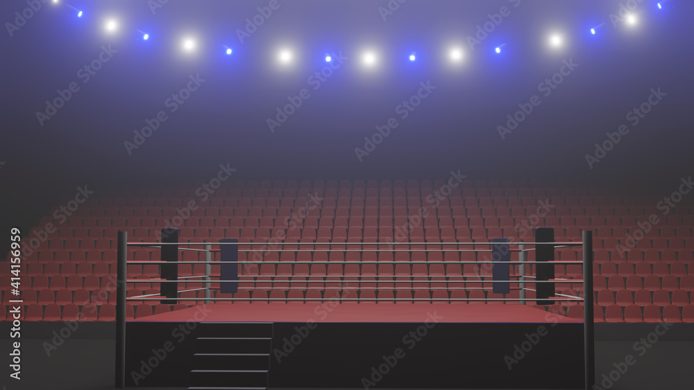 3D boxer arena. Isolated empty boxing ring with light. 3D rendering ...
