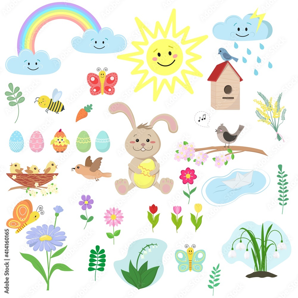 Spring clip art set with Easter bunny, eggs, birds nest, flowers ...