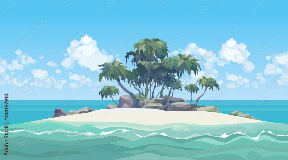 cartoon small sandy island with palm trees and stones surrounded by ...
