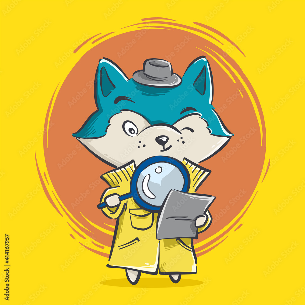 Cartoon illustration of cute detective wolf. mascot and icon animals ...