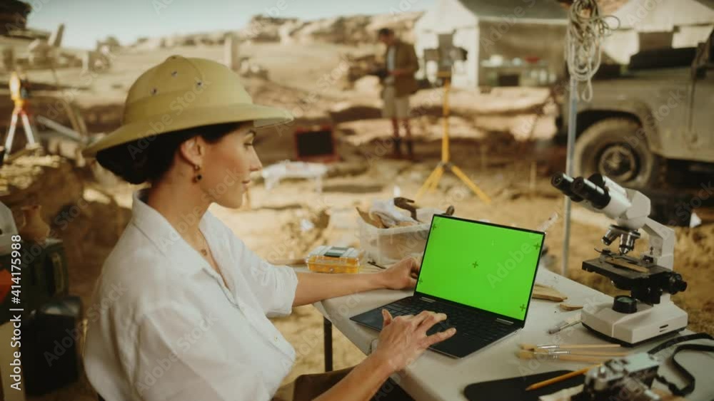 Archaeological Digging Site: Female Archaeologist Using Green Screen ...
