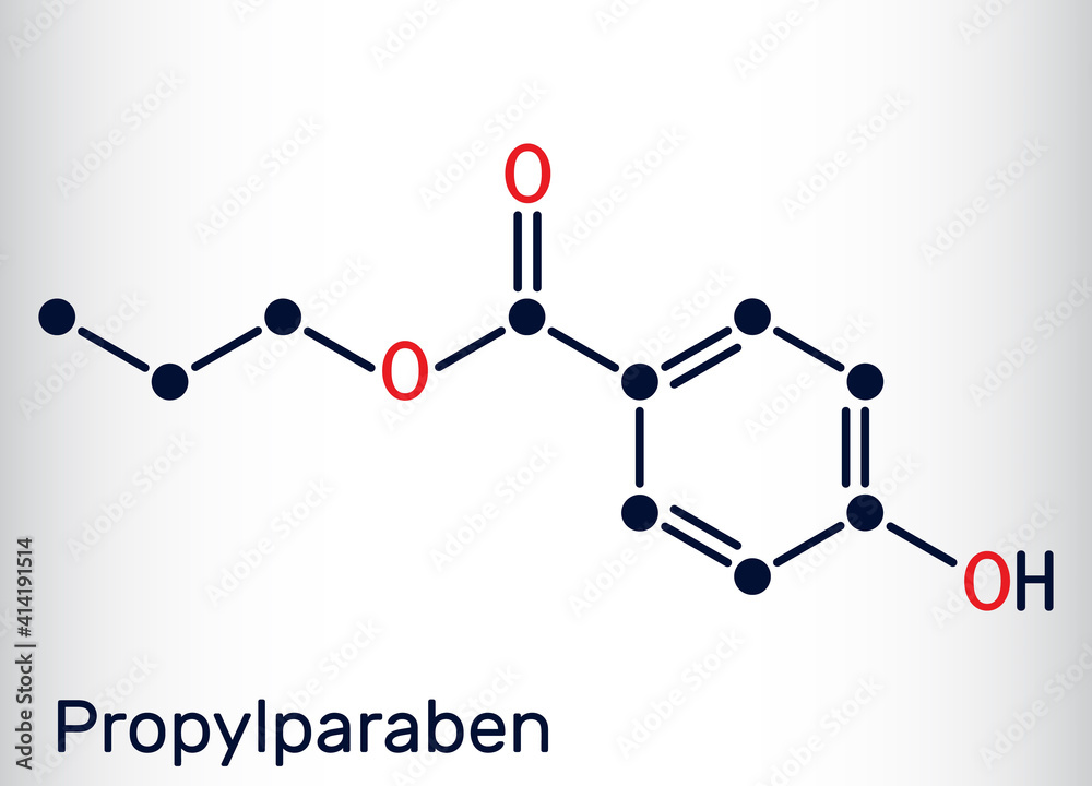 Propylparaben, propyl paraben molecule. It is benzoate ester, paraben ...