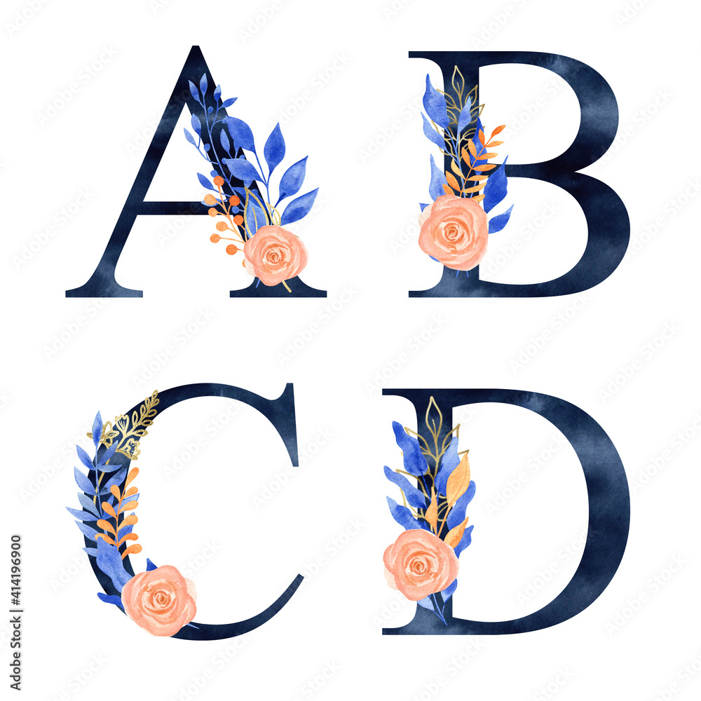 Watercolor Navy Blue Floral Alphabet Set Collection with blue and ...