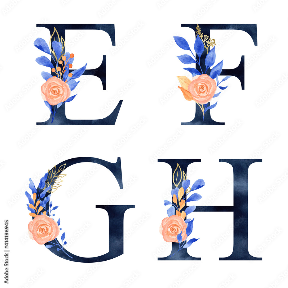 Watercolor Navy Blue Floral Alphabet Set Collection with blue and ...
