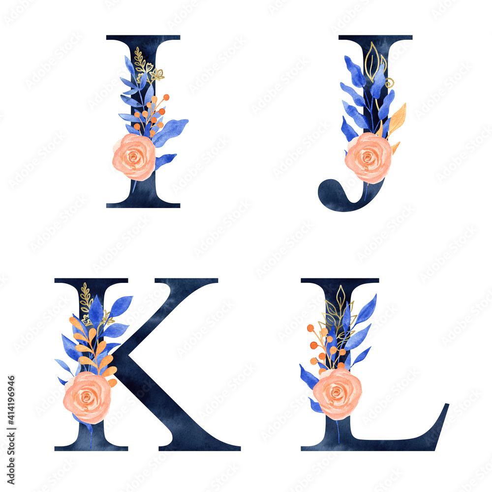 Watercolor Navy Blue Floral Alphabet Set Collection with blue and ...