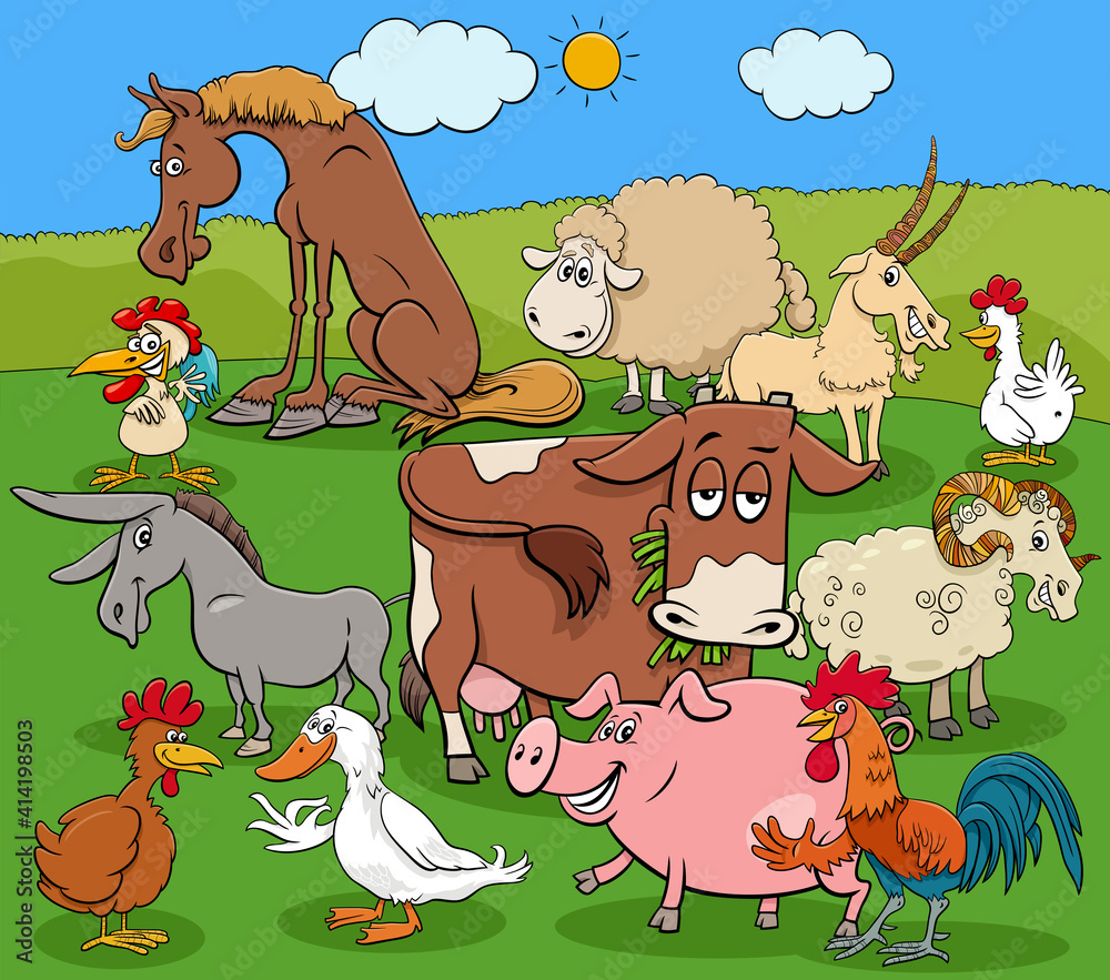 cartoon farm animals comic characters group Stock Vector | Adobe Stock