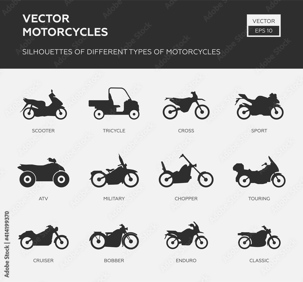 Set of different types of motorcycles. Vector icons. Flat style. Side ...
