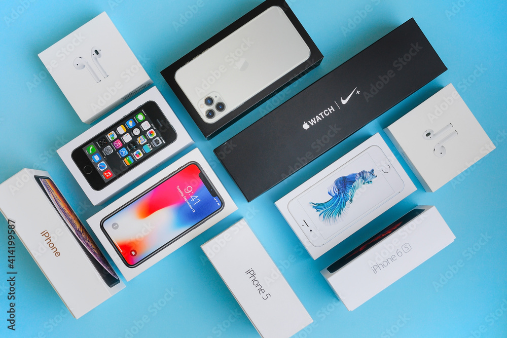 Surgut / Russia - June 20, 2020 : Flat lay of different generation of ...