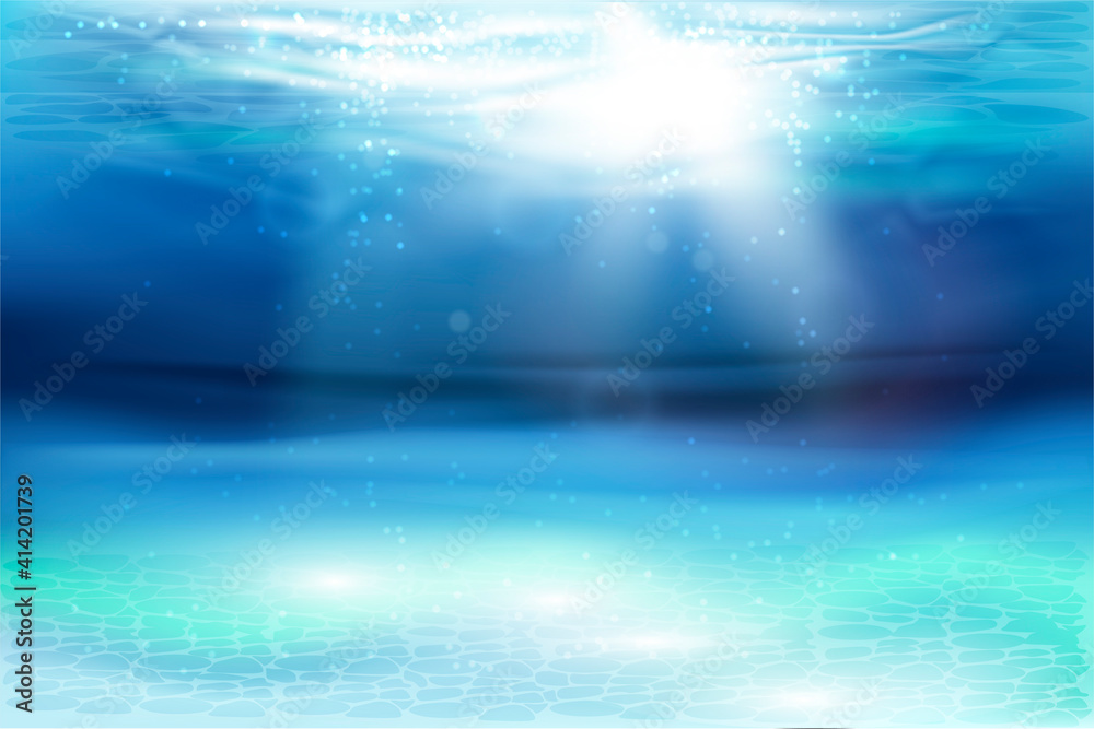 Vector illustration with deep underwater ocean scene. Sun rays ...