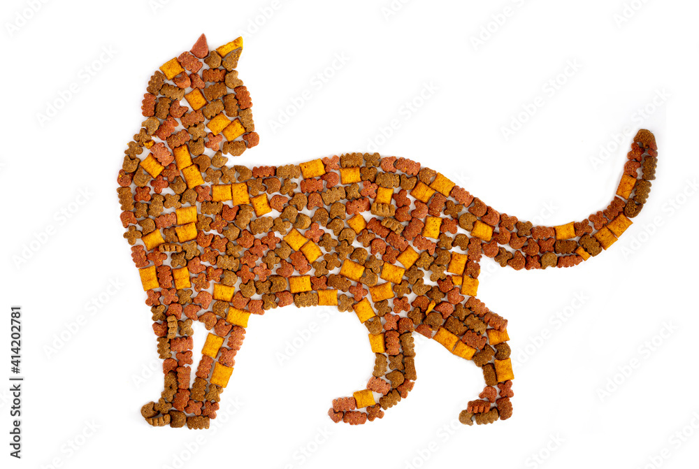 Cat food in the form of a cat silhouette. Painting of feed on a white ...