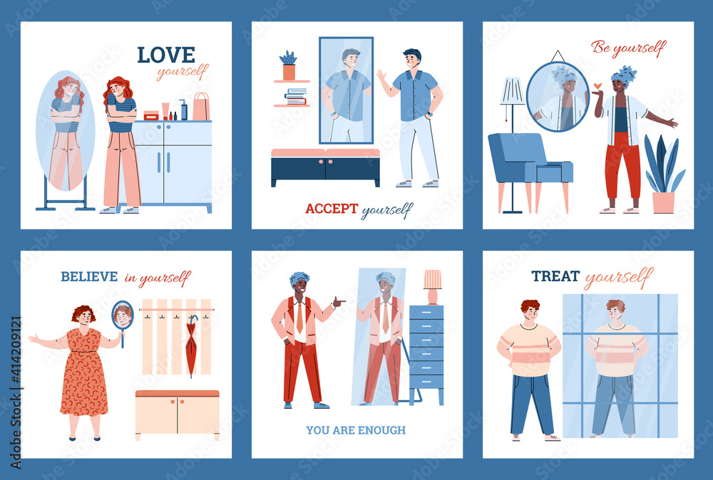 Self acceptance and body positive. Men and women look at reflection in ...