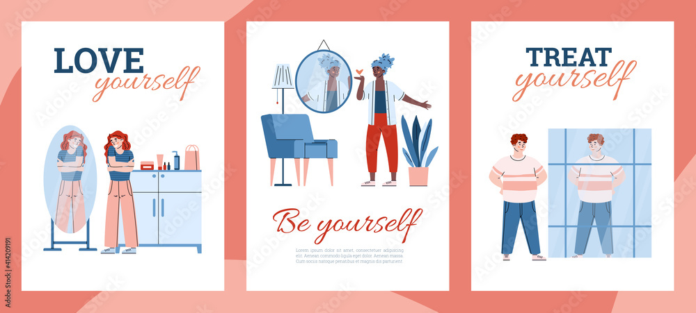 Persons with positive self acceptance look reflection in mirror with ...