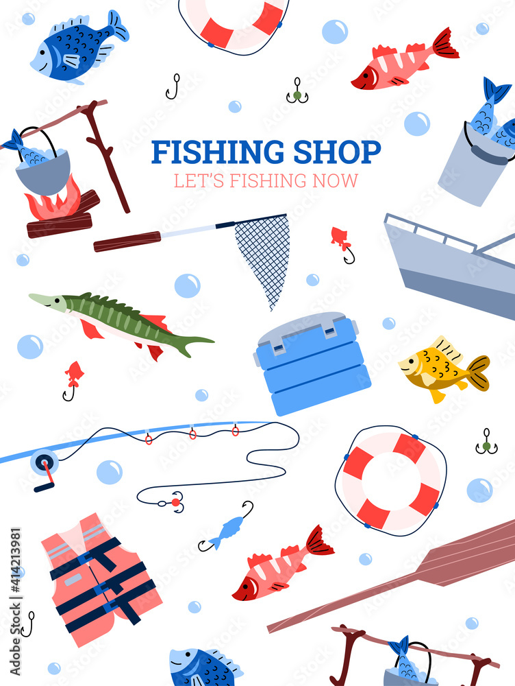 Advertising banner or poster for fishing shop with various cartoon ...