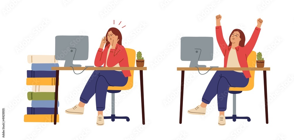 Office woman tired. Before after hard work, manager working. Angry and ...