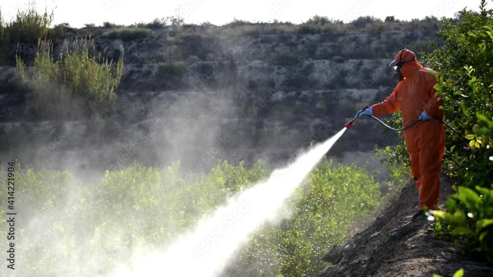 Spray ecological pesticide, pest, pesticides. Farmer fumigate in ...