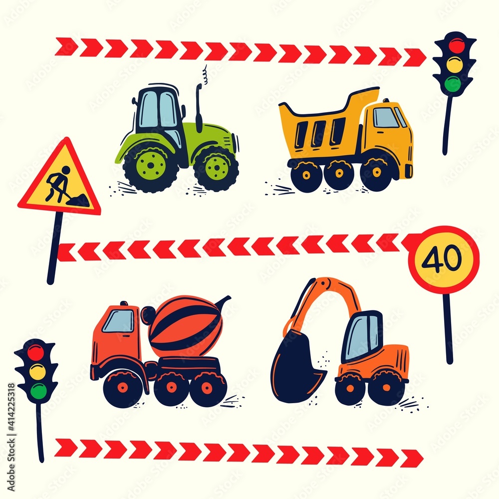 Hand drawn construction cars on the road, repair works. Wheeled tractor ...