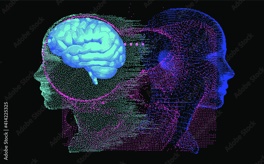 3D Illustration Human Brain Anatomy made of Pixels and Particles For ...