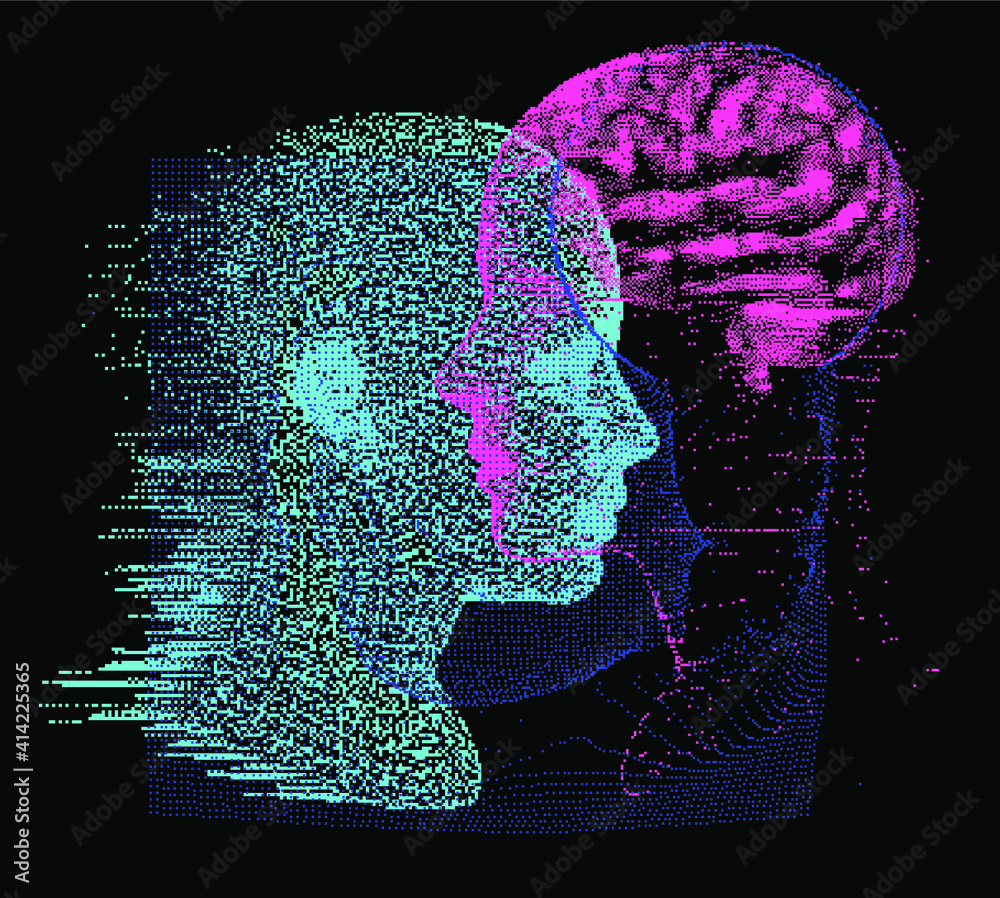 3D Illustration Human Brain Anatomy made of Pixels and Particles For ...