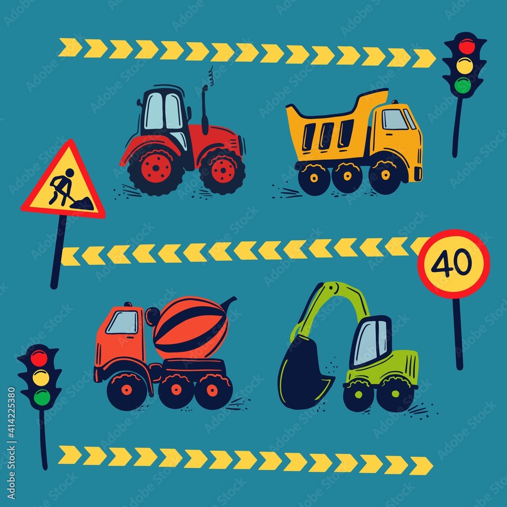 Hand drawn construction cars on the blue background with road signs of ...