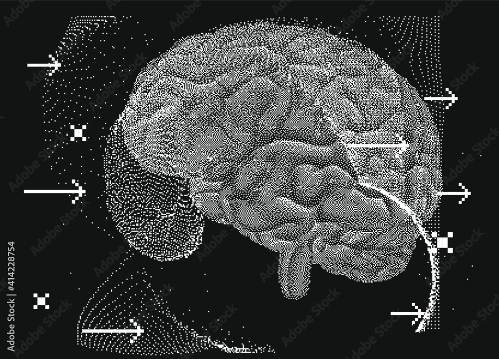 3D vector illustration of brain made of pixels and particles. Concept ...