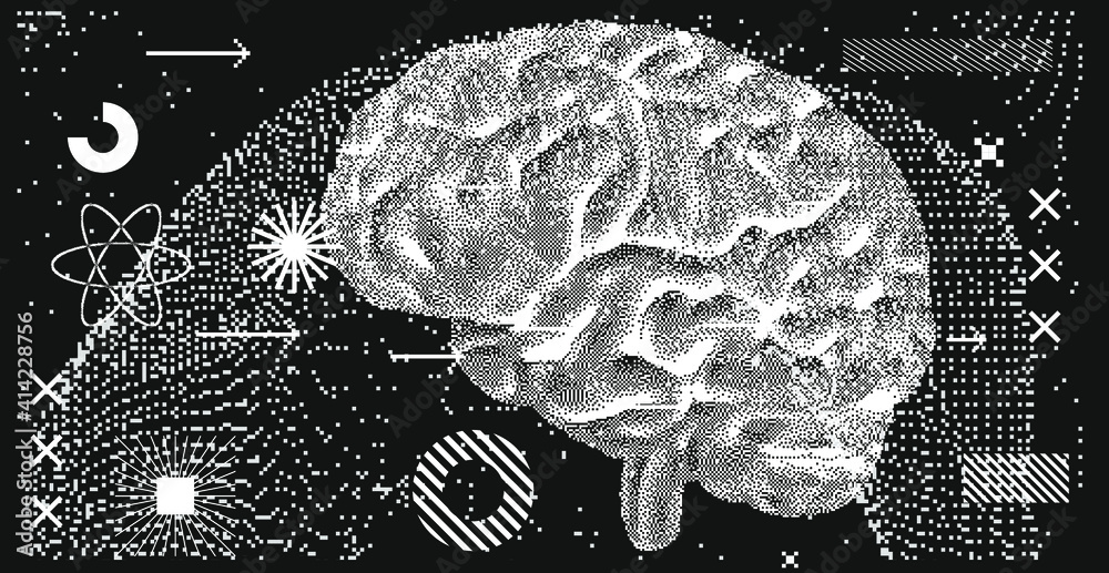 3D vector illustration of brain made of pixels and particles. Concept ...