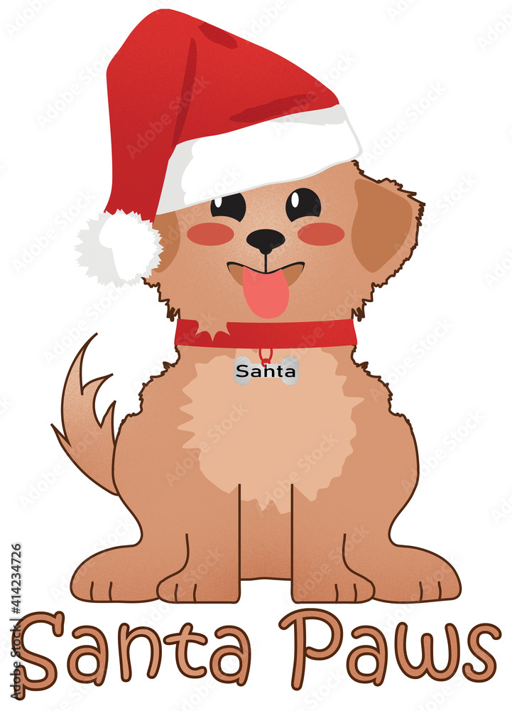 Santa Paws Puppy in Santa Hat Christmas Greeting Illustration with ...