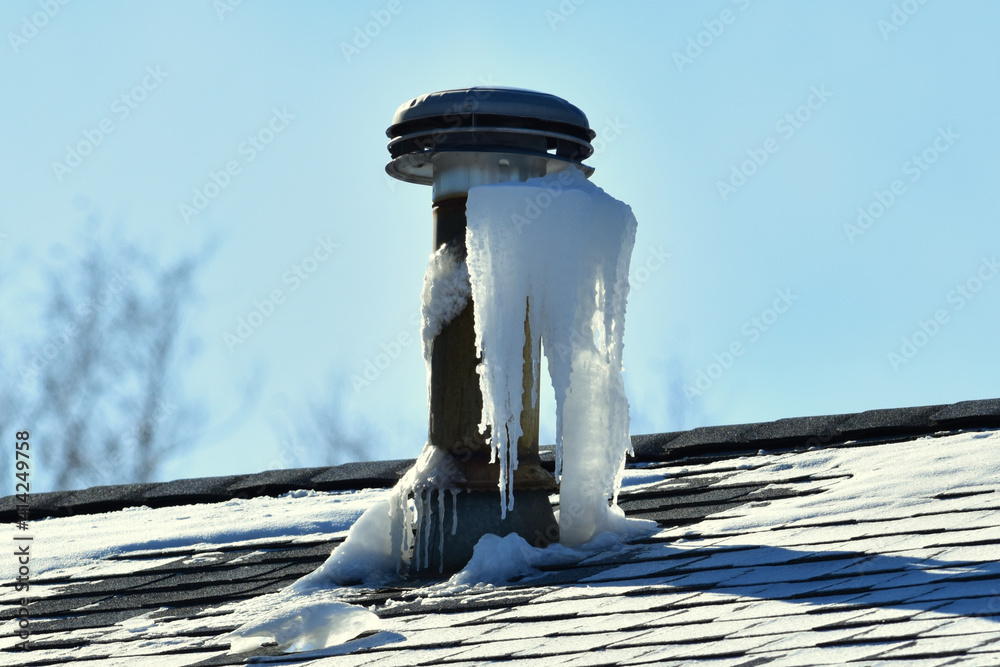 Ice forms on roof vent when moist exhaust air from home meets very cold ...