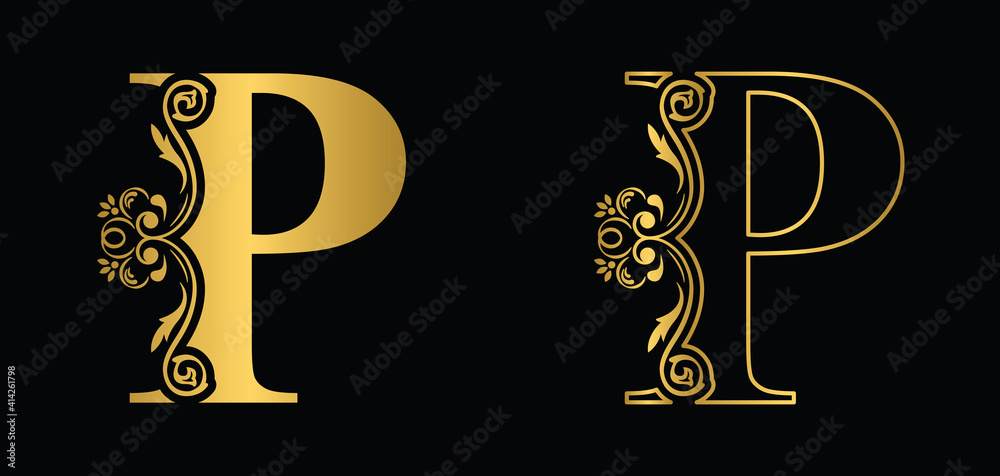 letter P. Golden flower alphabet. Beautiful capital letters. Stock ...
